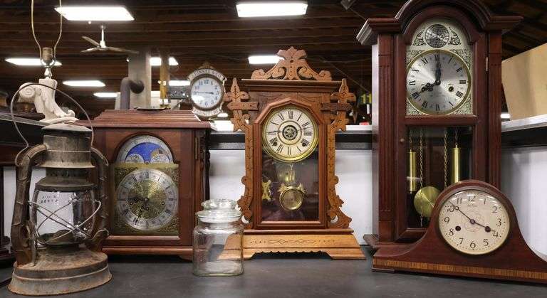 Lot of Vintage & Antique Mantel & Wall Clocks , Barn Lantern & Counter ...