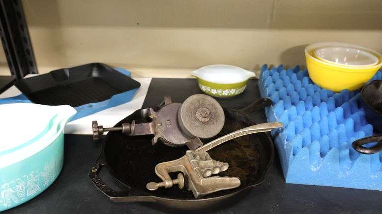 Lot Vintage Pyrex Nesting Bowls, Cast Iron Skillets & Cooking Tools ...