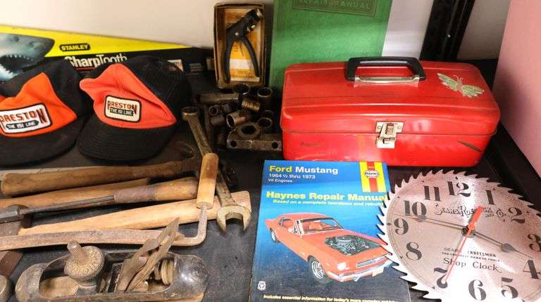 Lot of Vintage Tools, Mustang Repair Book, Tool Box, Saw Blade Clock ...