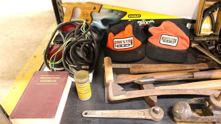 Lot of Vintage Tools, Mustang Repair Book, Tool Box, Saw Blade Clock ...