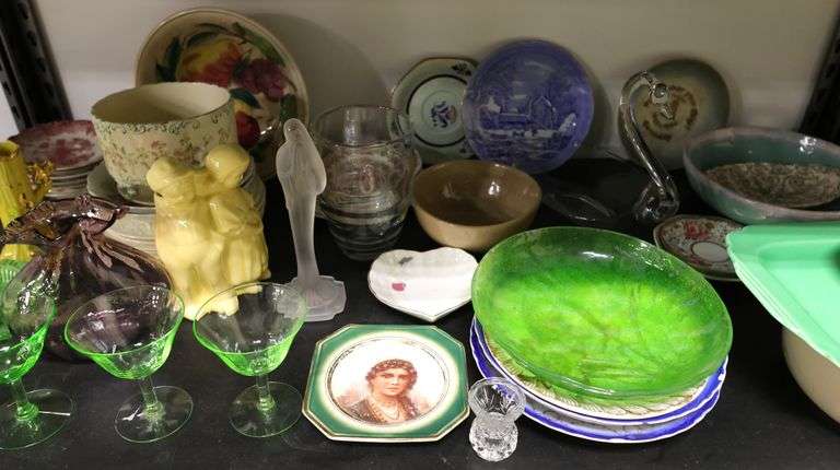 Lot of Vintage Glassware & Ceramic Dishes, Uranium Glass Style Stemware ...