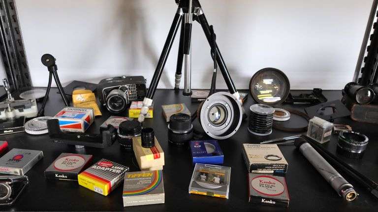 Lot of Vintage Film Camera Accessories, Tripod, Lenses, Opera / Field ...