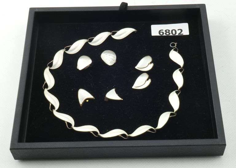 Scandinavian; Modernist Sterling Silver White Enamel Jewelry Group ...