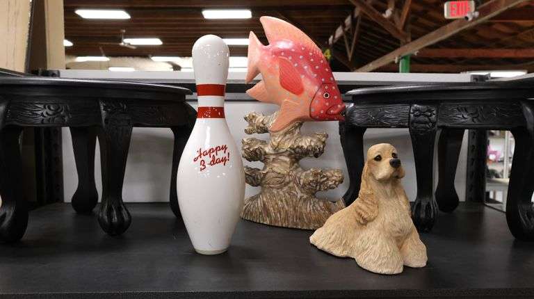 Lot of Wood Carved Corner Stands, Fish & Dog Statue, Birthday Bowling ...