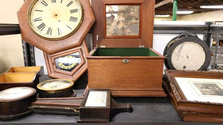 Lot Empty Music Box Case, Wall Clock (As-Is), Framed Prints, Banjo ...
