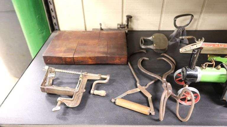Lot Vintage Ice Tongs, Food Choppers, Mixer, Mamod Steam Tractor Etc ...