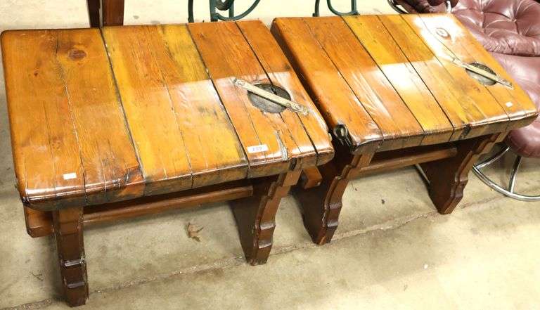 Pair WWII Liberty Ship Hatch Cover End Tables - Dixon's Auction at Crumpton