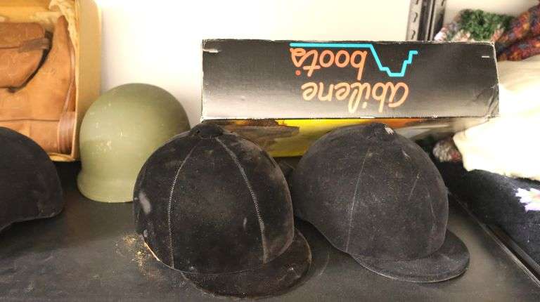 Lot of Horse Riding Hats, Military Helmet, Cowboy Boots Etc. - Dixon's ...