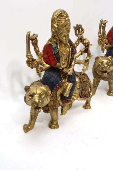 Pair Asian Jeweled Bronze Hindu Deity on Tigers Sculptures - Dixon's ...