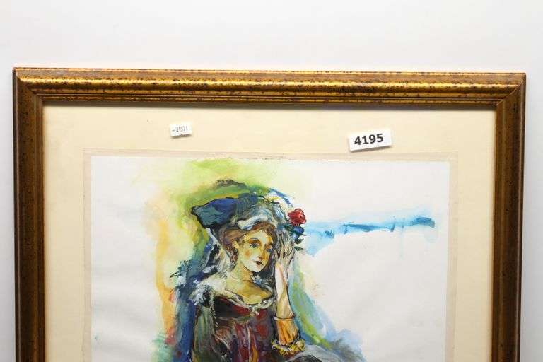 Modernist Oil on Paper Portrait Painting of an Actress, Signed Initials ...