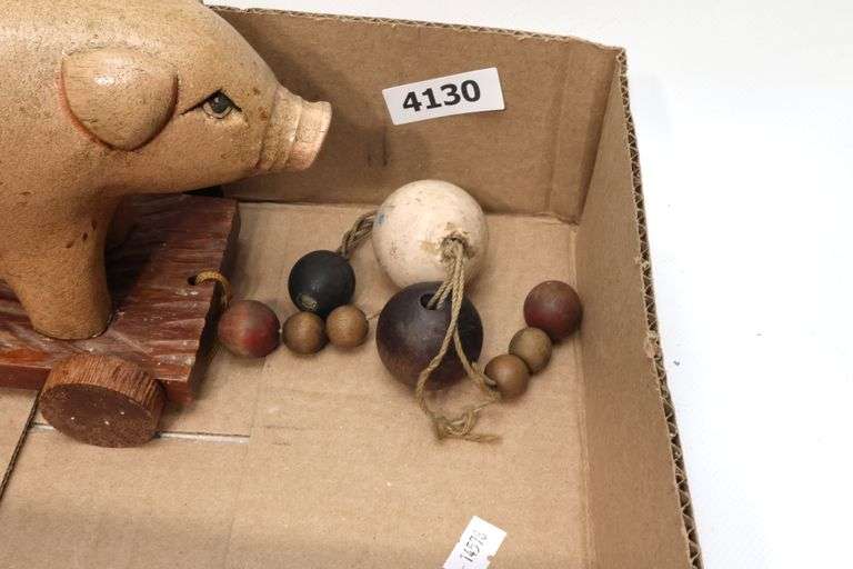 (3) Tom Tinker Toy, Carved Pig Pull Toy, & Antique Mohair Horse Pull ...