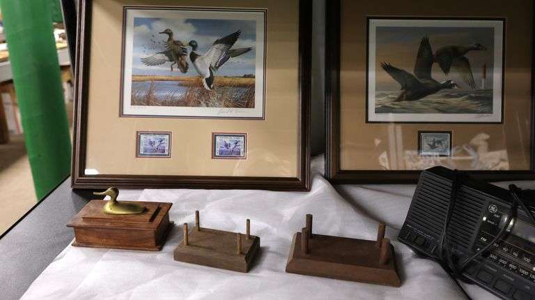 Lot of Framed Waterfowl & Duck Stamps, Reading Light, Duck Stands & Box ...