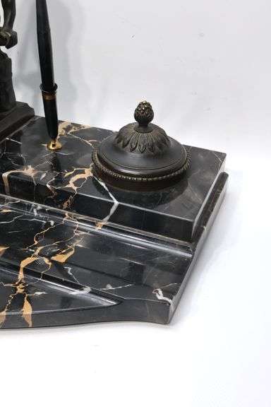 Antique Bronze Blacksmith and Marble Double Inkwell After Schmith ...