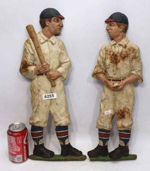 Pair Vintage Cast Iron Baseball Player Andirons - Dixon's Auction at ...