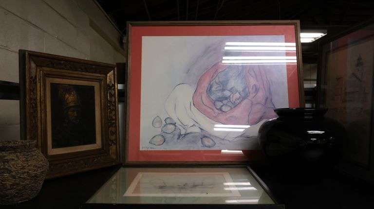 Lot of Framed Art, Rembrandt Portrait, Working Boat Drawing, Vases ...