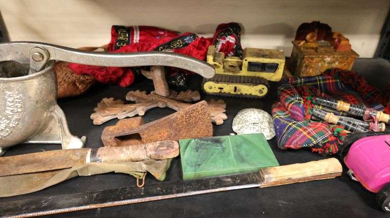 Lot Vintage Toy Car, Sausage Stuffer, Machete, Partial Bagpipes Etc ...