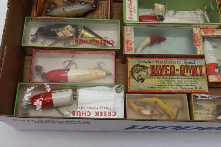 Lot of Vintage Fishing Lures with Boxes Including Heddon, Creek Chub ...