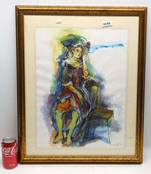Modernist Oil on Paper Portrait Painting of an Actress, Signed Initials ...
