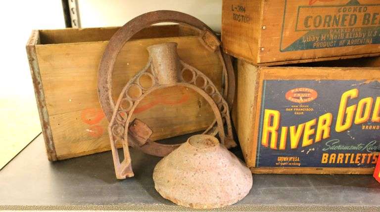Lot Vintage Wooden Advertising Crates, Cast Iron Bell Yoke, Smudge Pot ...