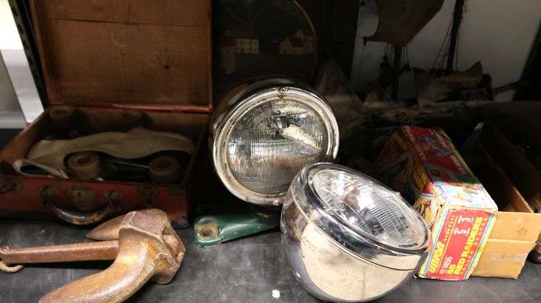 Lot Vintage Car Headlights, Boat Anchor, Roller Skates, Dry Goods Sign ...