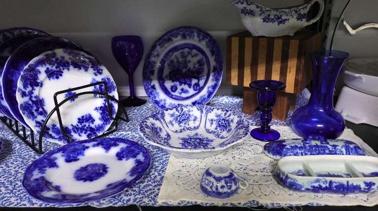 Collection of Antique Flow Blue China Dishes, Cobalt Blue Goblets, Vase ...