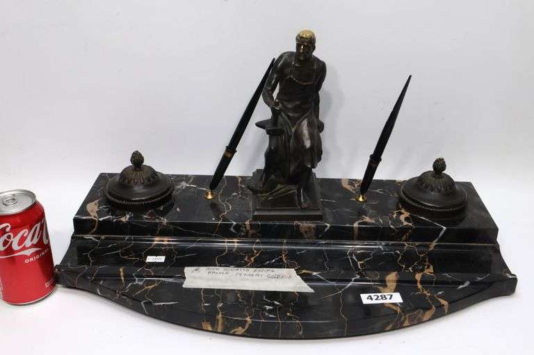 Antique Bronze Blacksmith and Marble Double Inkwell After Schmith ...