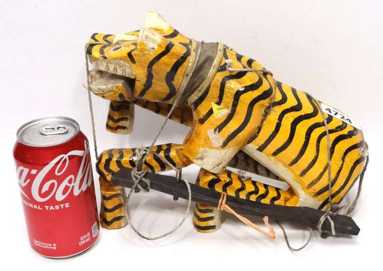 Folk Art Carved and Painted Tiger Puppet - Dixon's Auction at Crumpton