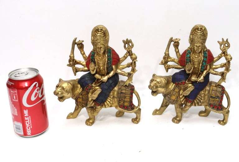 Pair Asian Jeweled Bronze Hindu Deity on Tigers Sculptures - Dixon's ...