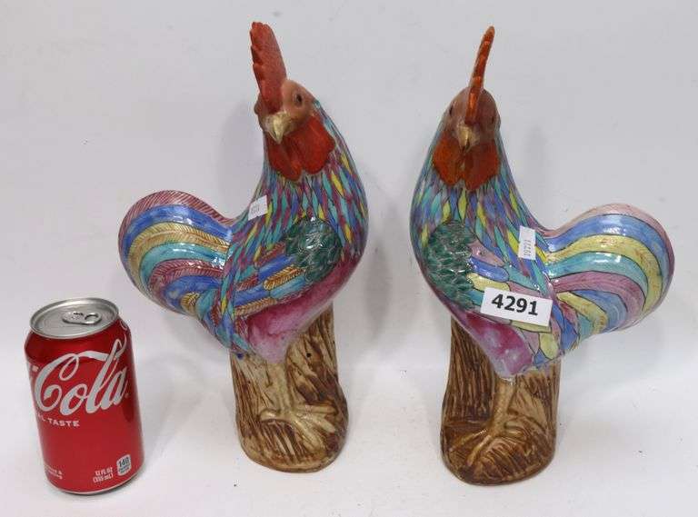 Pair Antique Chinese Famille Rose Porcelain Roosters, One with Repairs ...