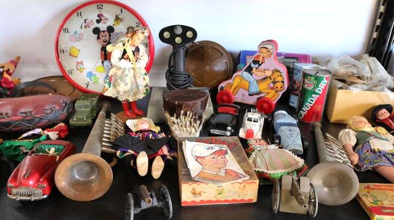 Lot of Vintage Dolls, Computer Joystick, Toy Cars, Mickey Mouse Clock ...