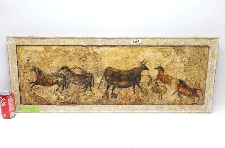 Otto Litzel MCM Prehistoric Style Painting - Dixon's Auction at Crumpton