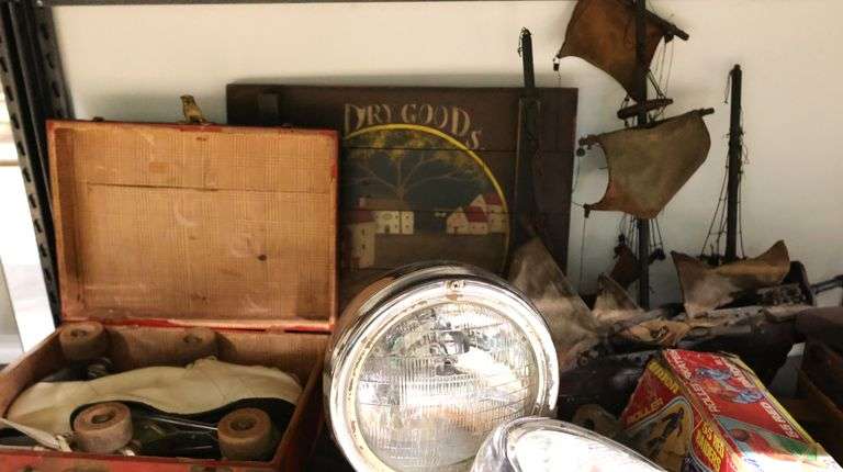 Lot Vintage Car Headlights, Boat Anchor, Roller Skates, Dry Goods Sign ...