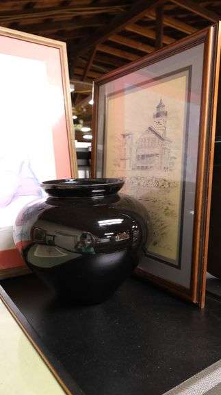Lot of Framed Art, Rembrandt Portrait, Working Boat Drawing, Vases ...