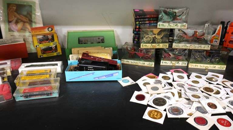 Collection of Vintage Tokens, Model Railroad Train Cars, Classic Buggy ...