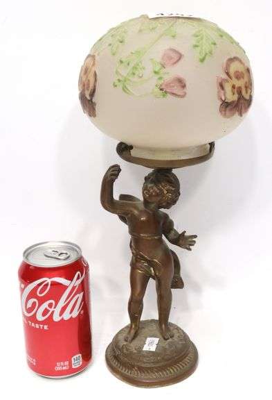 Antique Figural Bronzed Spelter Boy Lamp with Reverse Painted Pansy ...