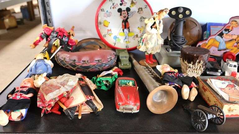 Lot of Vintage Dolls, Computer Joystick, Toy Cars, Mickey Mouse Clock ...