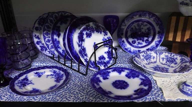 Collection of Antique Flow Blue China Dishes, Cobalt Blue Goblets, Vase ...