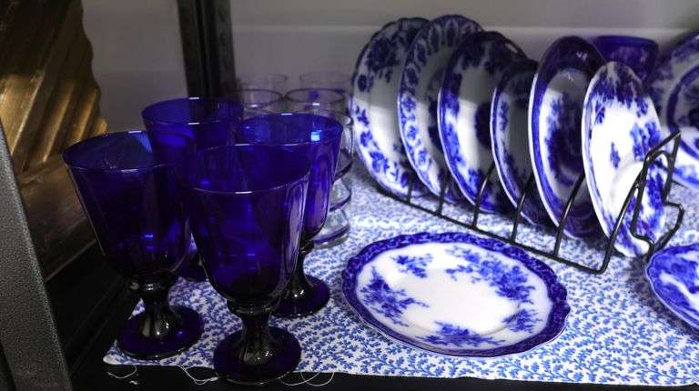 Collection of Antique Flow Blue China Dishes, Cobalt Blue Goblets, Vase ...