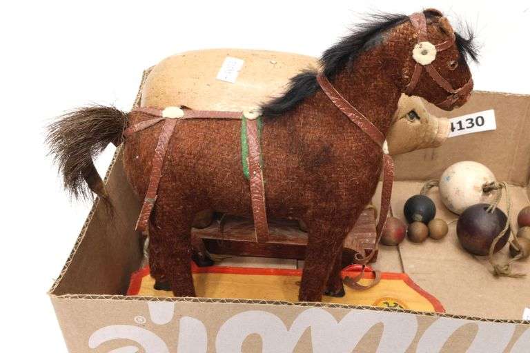 (3) Tom Tinker Toy, Carved Pig Pull Toy, & Antique Mohair Horse Pull ...