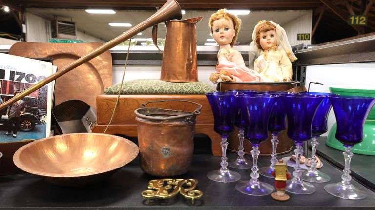 Lot of Copper Cookware, Funnel, Cobalt Blue Stemware, Vintage Dolls ...