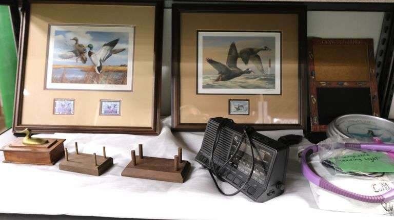 Lot of Framed Waterfowl & Duck Stamps, Reading Light, Duck Stands & Box ...