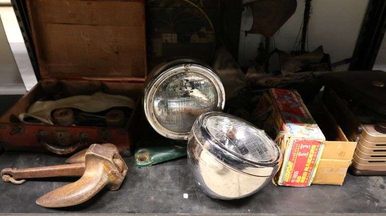 Lot Vintage Car Headlights, Boat Anchor, Roller Skates, Dry Goods Sign ...