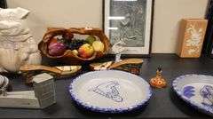 Lot Eldreth Pottery Plates, Vintage Pig Cookie Jar, Wooden Basket ...