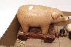(3) Tom Tinker Toy, Carved Pig Pull Toy, & Antique Mohair Horse Pull ...