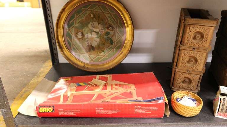 Lot of Vintage Wooden Sewing Stand Drawers, Brio Mini Loom, Framed Art ...