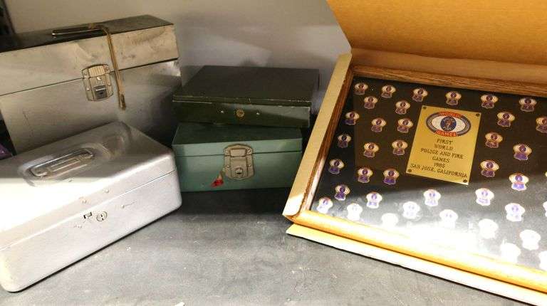 Framed Display of Pins From the Police & Fire Games, Money Lock Box ...