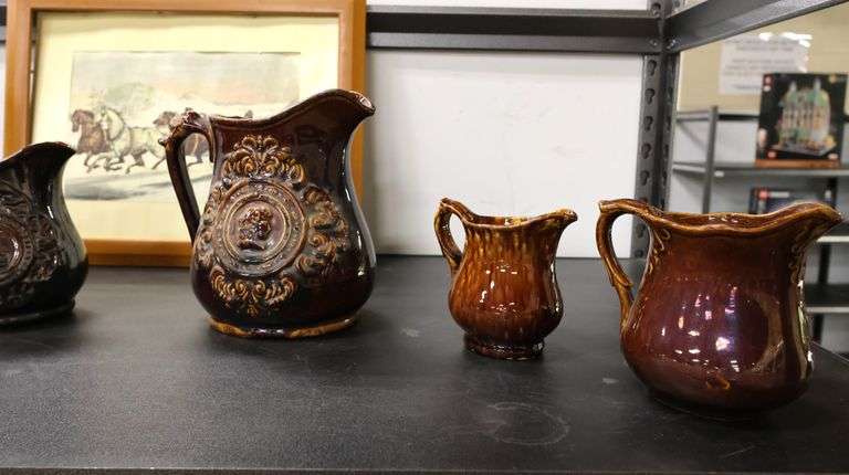 Lot of Vintage Rockingham Brown Mottled Glaze Pitchers, Winter Scene ...