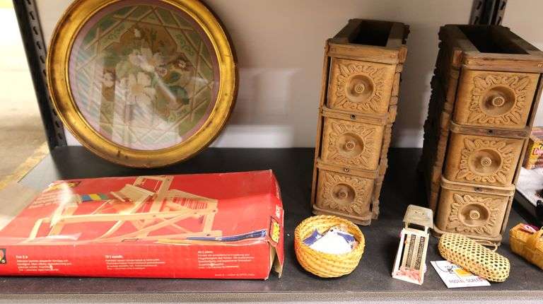 Lot of Vintage Wooden Sewing Stand Drawers, Brio Mini Loom, Framed Art ...