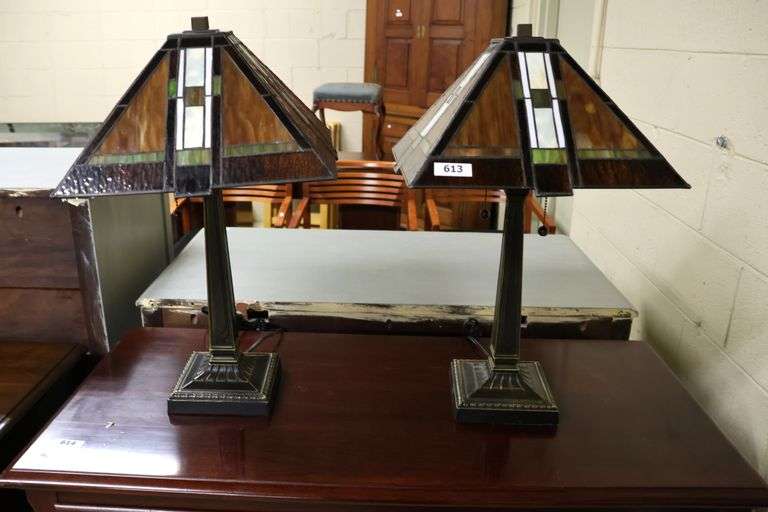 Pair Prairie School Style Leaded Glass Table Lamps - Dixon's Auction at ...