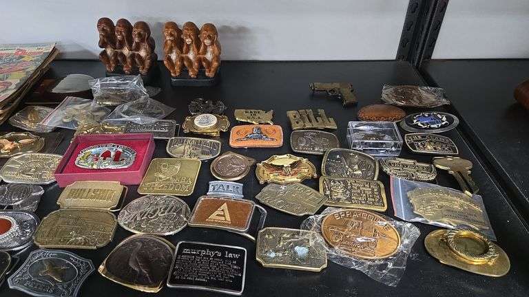 Collection of Vintage Belt Buckles, Comic Books, Monkey Figurines ...